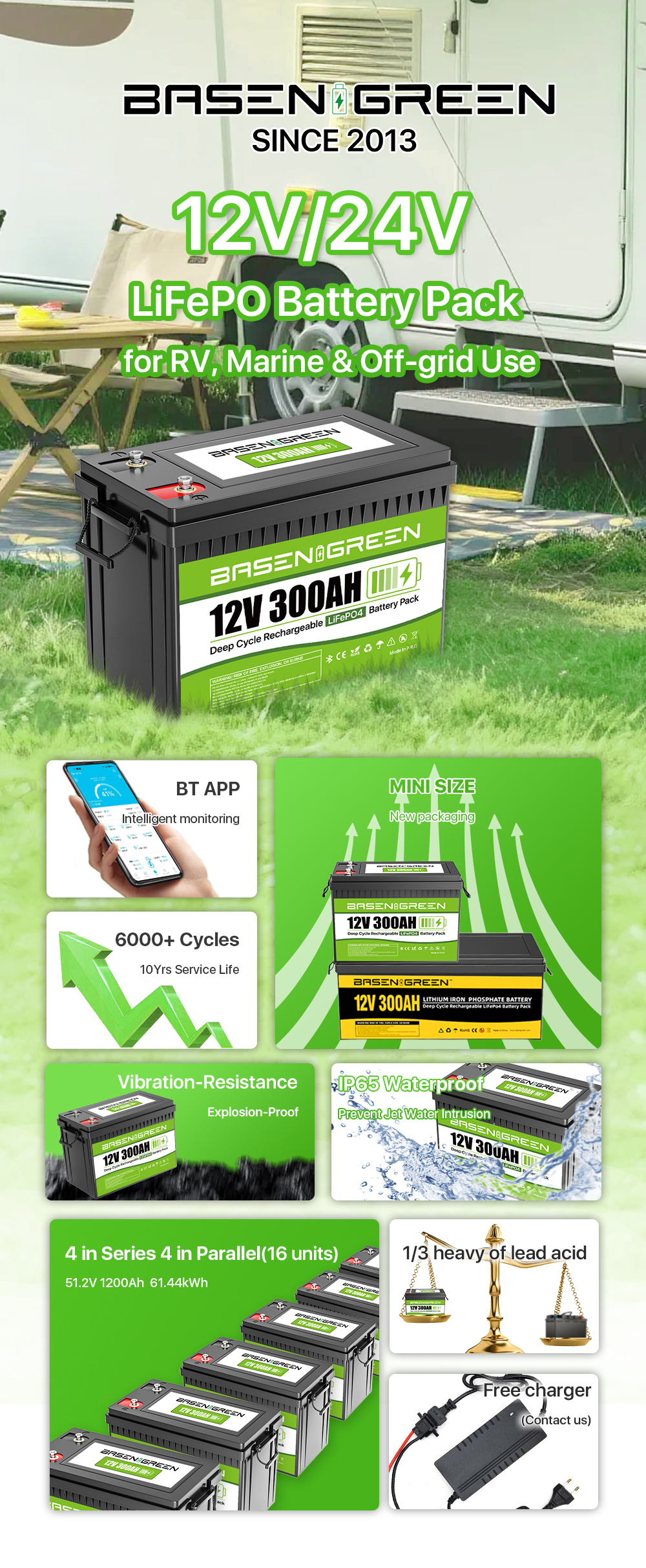 BG 12-460 12V(12.8V)460Ah LiFePO4 Battery Built-in 200A BMS